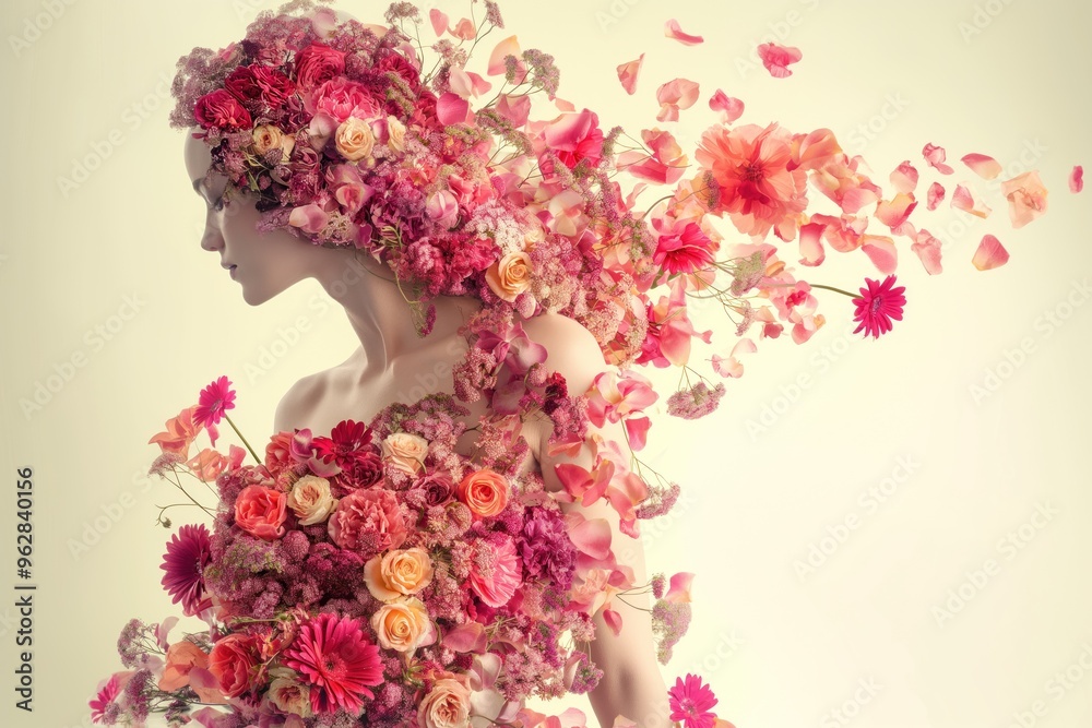 Stunning woman full body shape made of flowers with light background ...