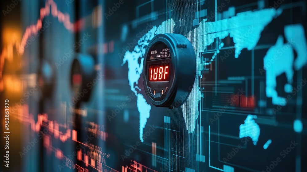 Electric meter reading high with a world map and upward trending graph ...