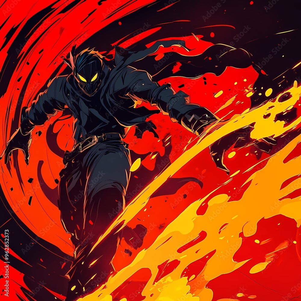 A masked figure with a dark cloak stands in front of a fiery background ...