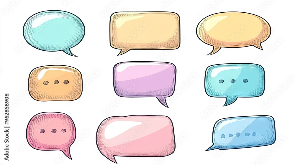 Variety of speech bubble and message box illustrations in cartoon style ...