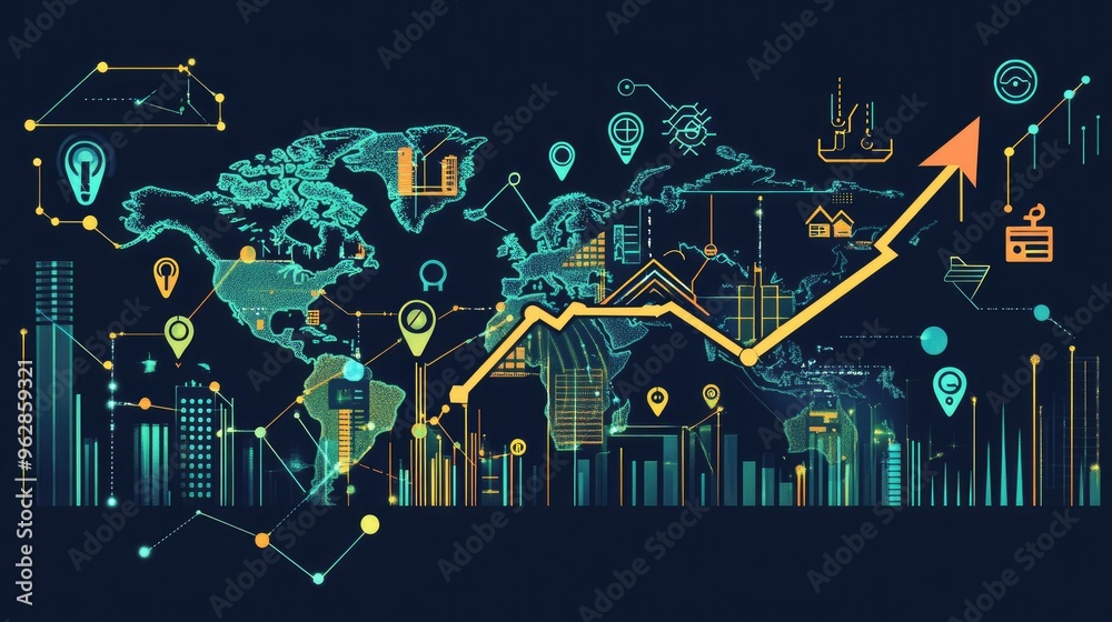 World map with electricity icons and an arrow pointing upwards ...