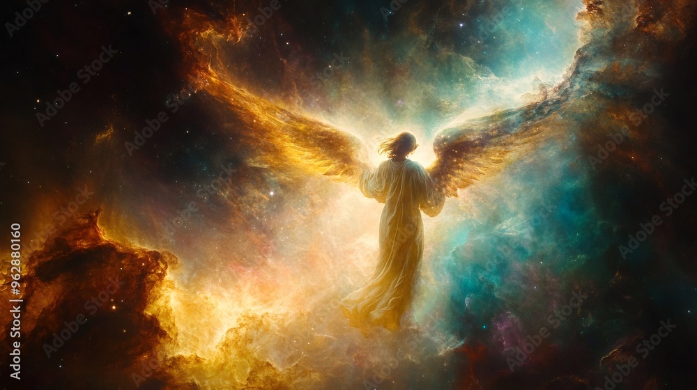 An angelic figure with large golden wings soars through a vibrant ...