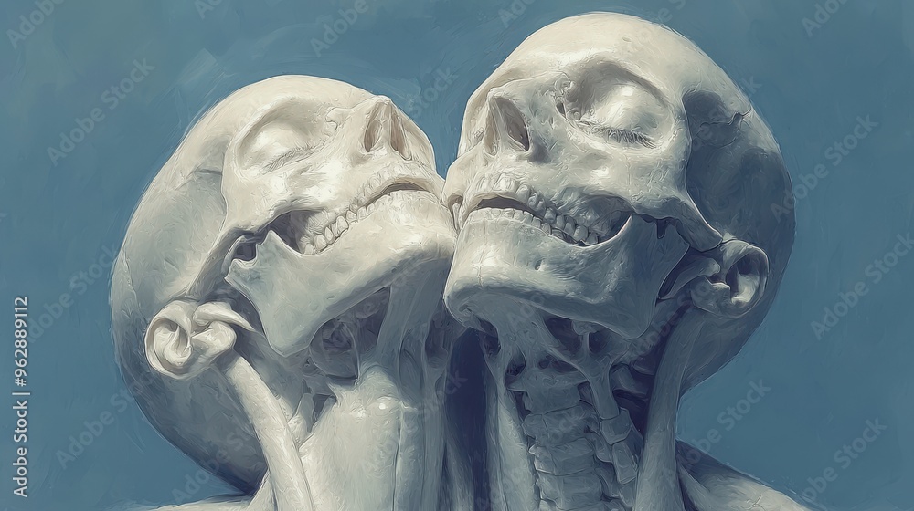 Artistic rendering of two human skulls in a close embrace, highlighting ...