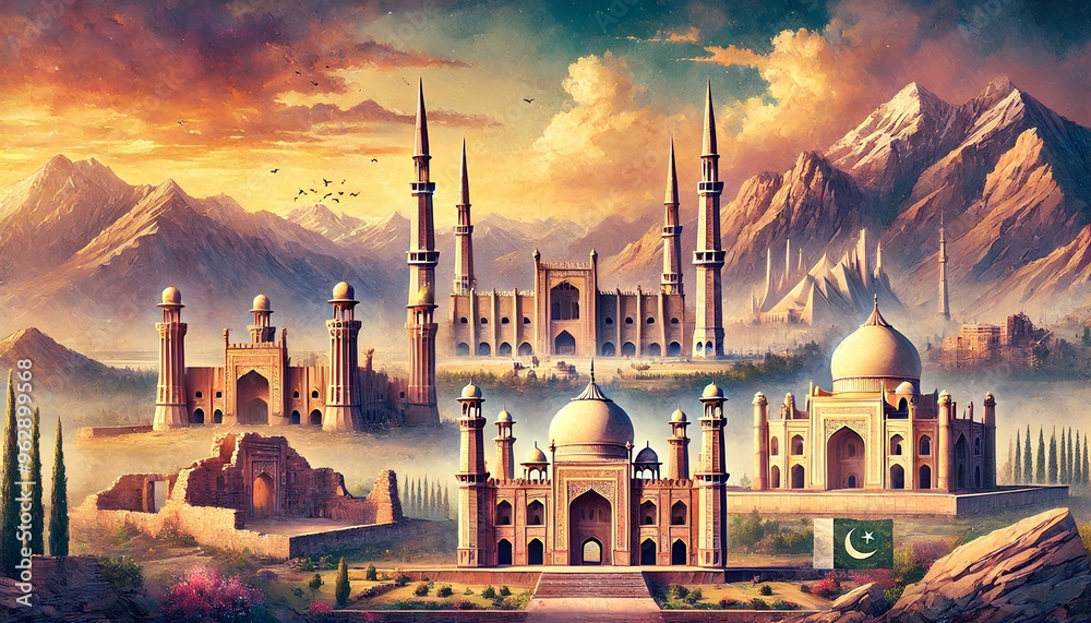 Watercolor painting of Pakistan landmarks, including Badshahi Mosque ...