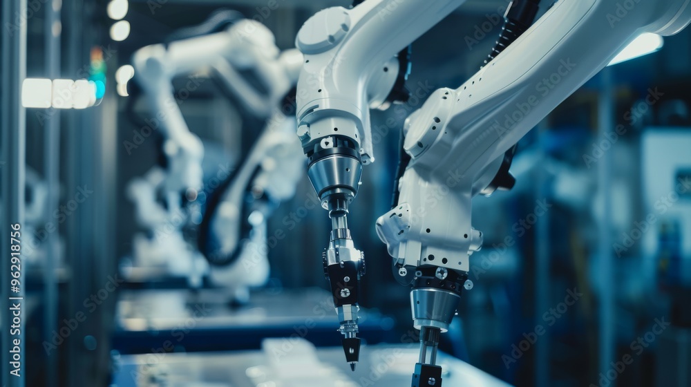 Sleek robotic arms operate with precision in a state-of-the-art ...