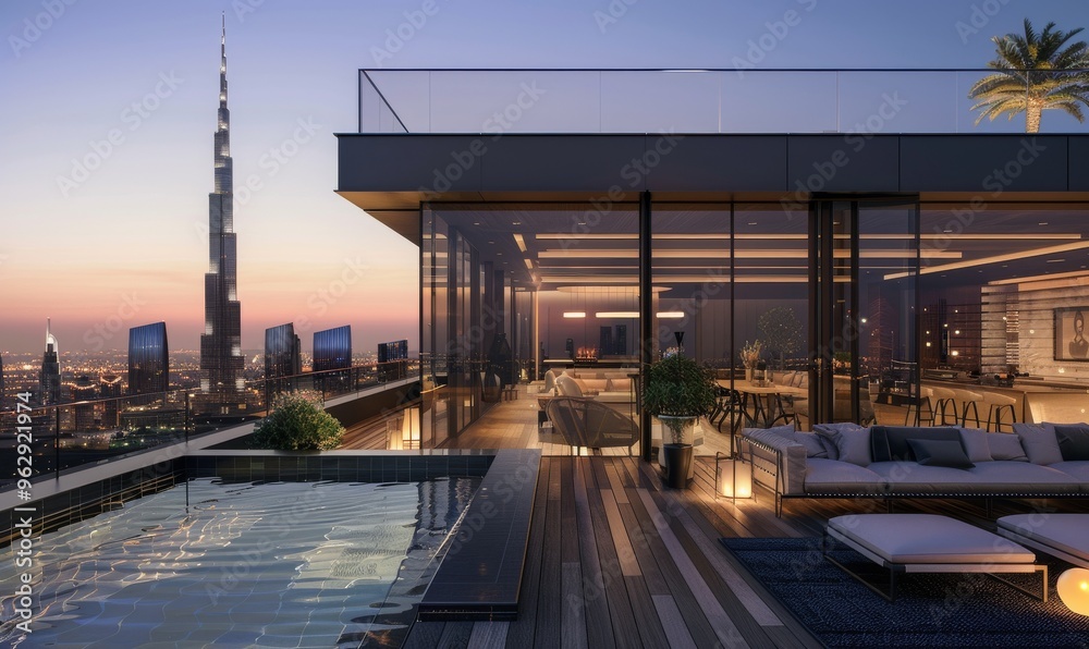 elegant rooftop terrace with an infinity pool overlooking the Dubai ...