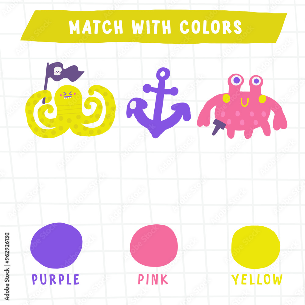 Learn colors pirate game for kids. Cute hand drawn doodle funny marine ...