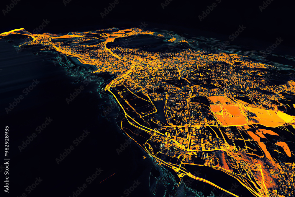 Technical aerial visual, 3D LiDAR GIS aerial map satellite scan model ...