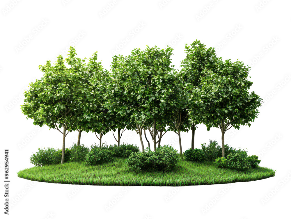 Greenery trees in a serene natural setting isolate on transparent ...