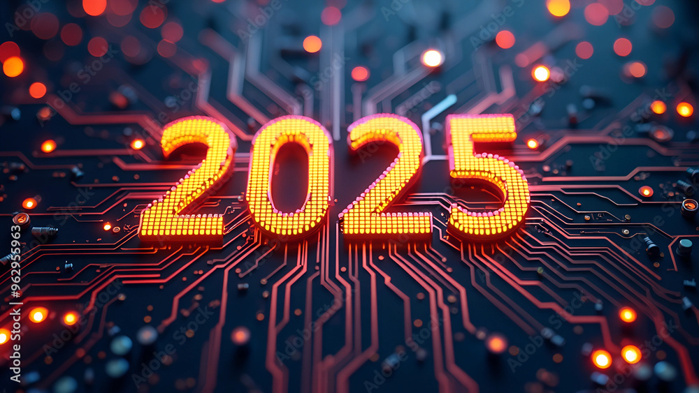2025 tech age celebration. Happy new year. Era of technology. Digital ...