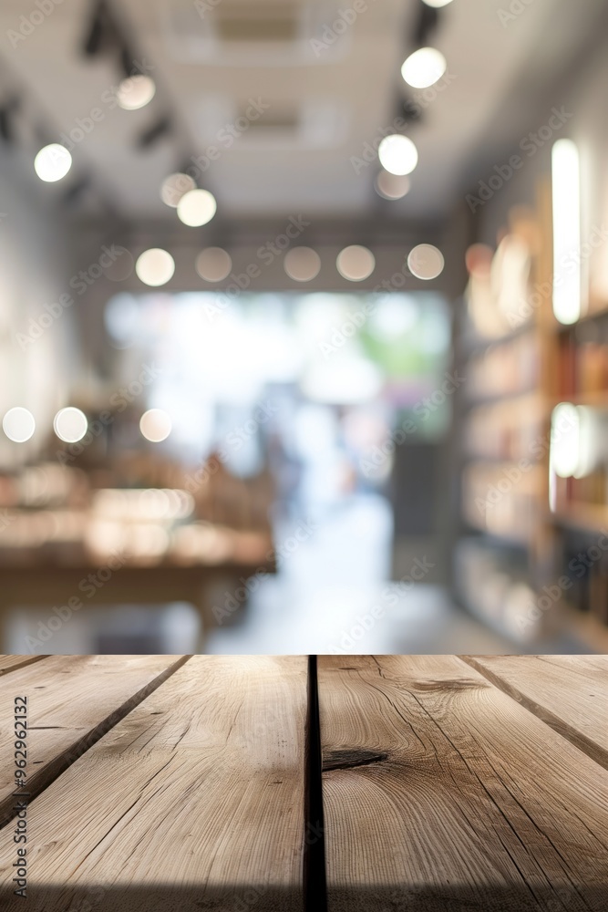Modern store interior features wooden floor, large window. White ...