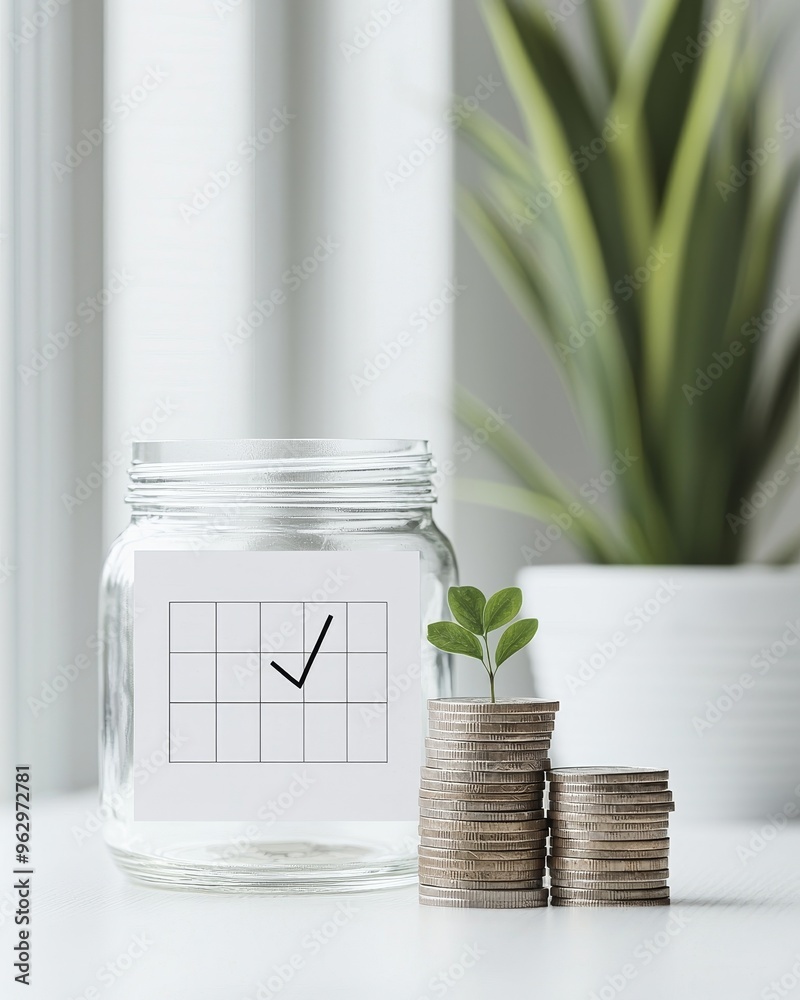 Glass jar with a check mark on a paper inside and stacks of coins ...
