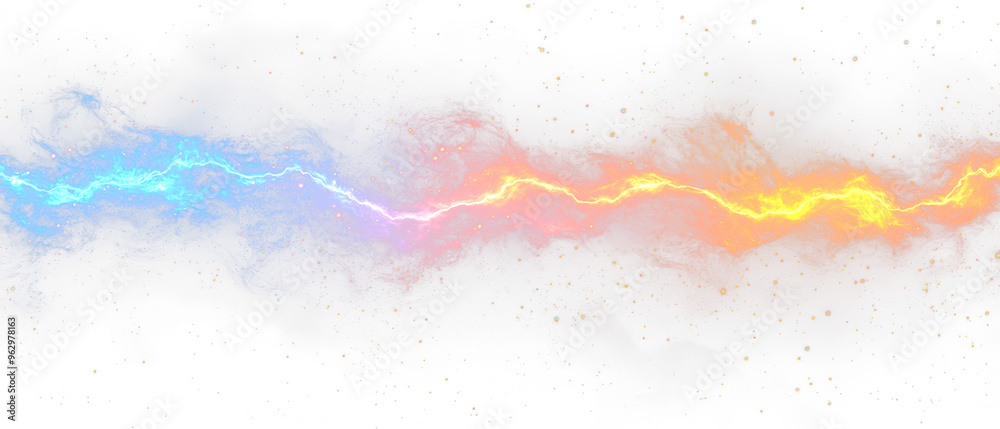 Row of abstract digital art of blue and red lightning streaks isolate on transparent background ...
