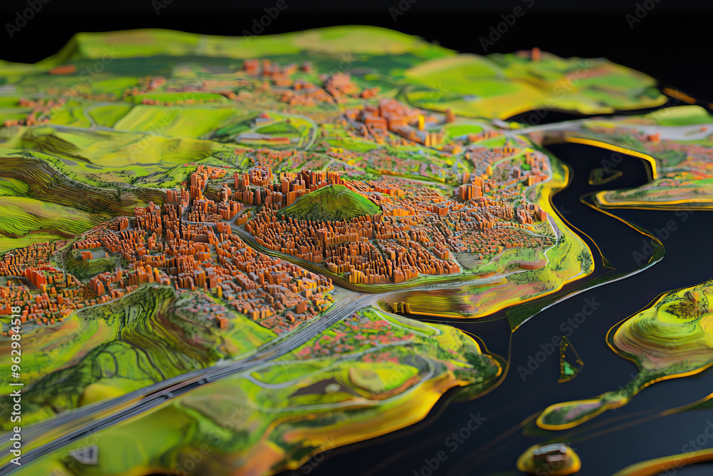 Technical aerial visual, 3D LiDAR GIS aerial map satellite scan model ...