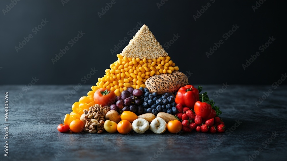 A food pyramid with the healthy food section on one side and the junk ...