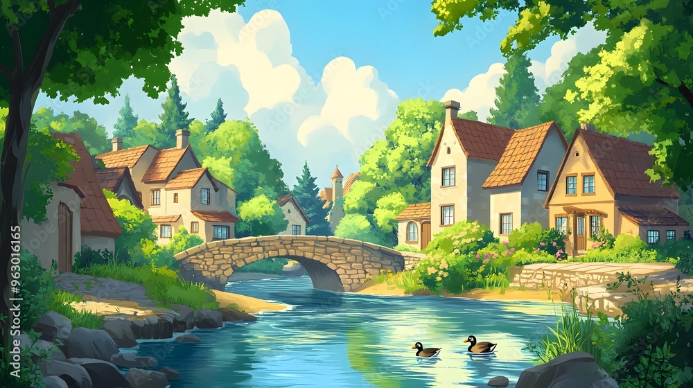 Village with a river, clipart style, quaint houses along the riverbank ...