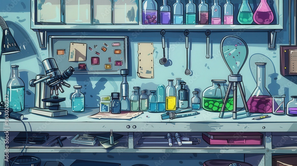 Artistic representation of a psychology lab, featuring tools and ...