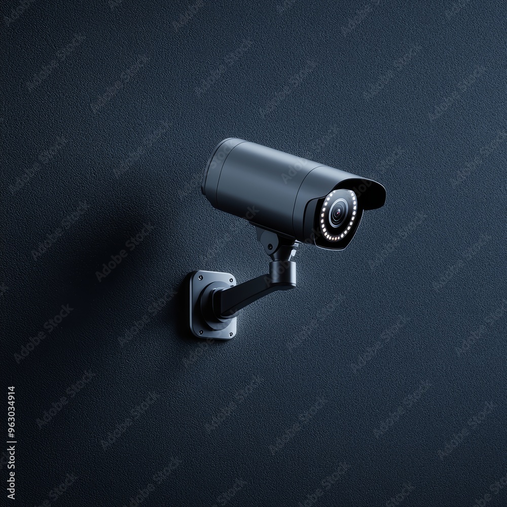 A 3D illustration of a modern surveillance camera mounted on a wall ...