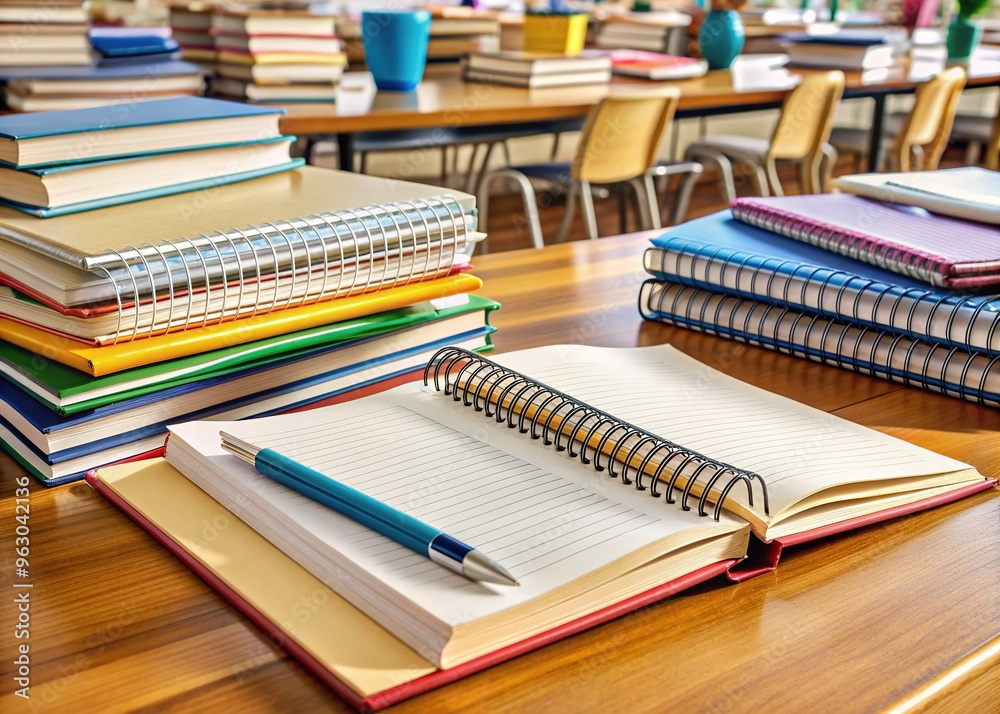 A cluttered desk with open textbooks, pens, and a spiral-bound notebook ...