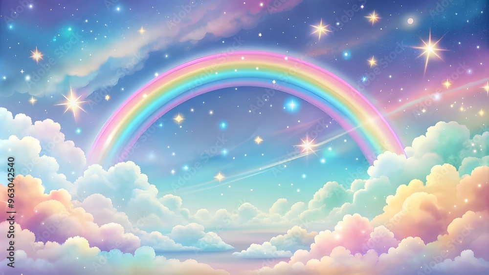 Holographic fantasy rainbow background with clouds and stars. Pastel ...