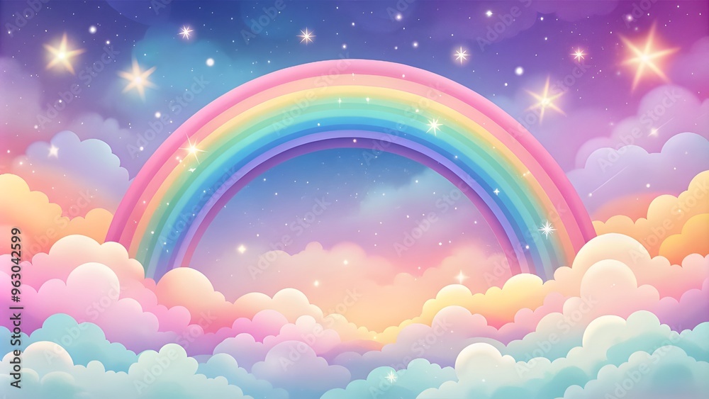 Holographic fantasy rainbow background with clouds and stars. Pastel ...
