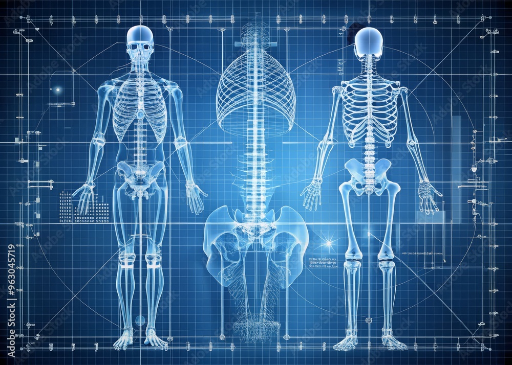 Scientific skeletal diagrams, blueprints-style illustrations ...