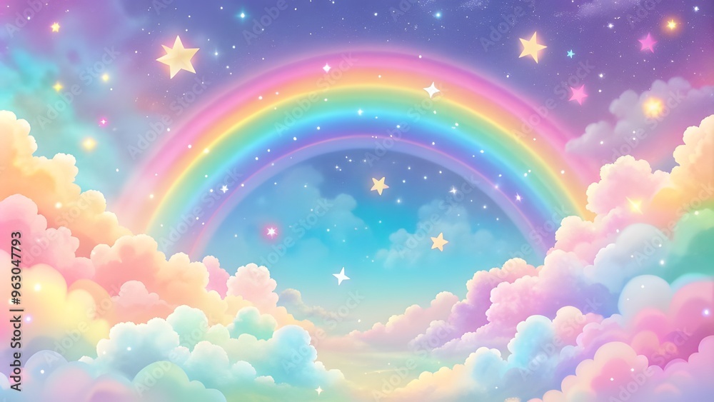 Holographic fantasy rainbow background with clouds and stars. Pastel ...