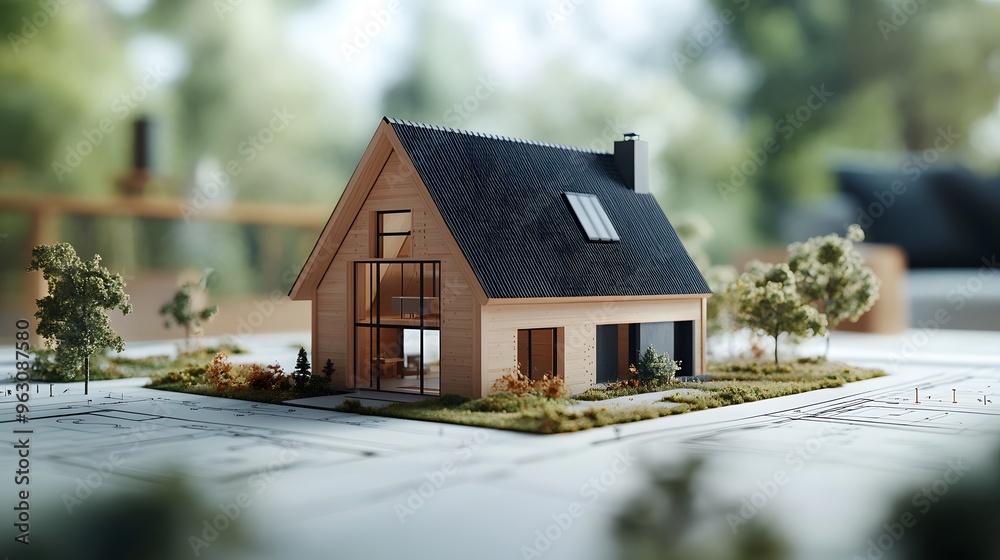 Architectural model, miniature house with black roof, detailed ...