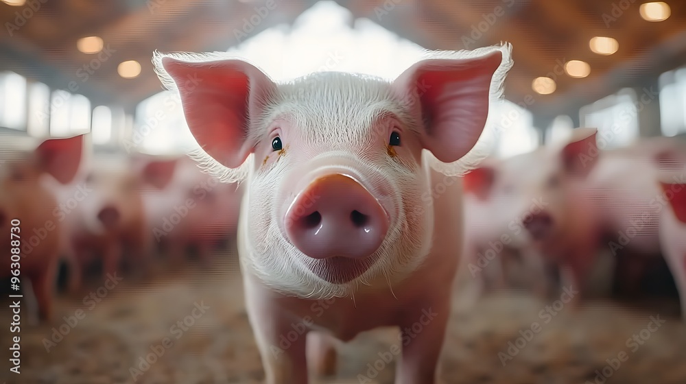 Bright pig farm interior, clean modern facility, rows of pink pigs ...