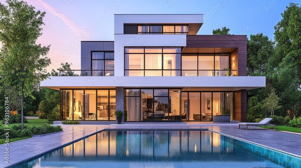 Foto de Stock Beautiful modern house with a front swimming pool ...