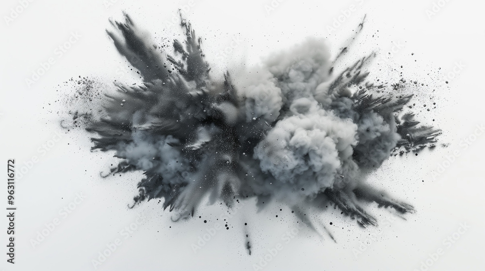 Dynamic explosion with smoke cloud and particles spreading Stock Photo ...