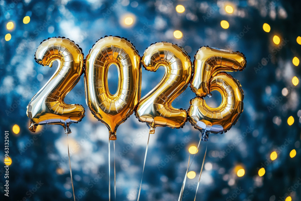 Golden balloons forming the number 2025 celebrating the new year on a blue background with ...