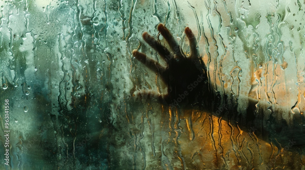 The shadow of a personâ€™s hand reaching through a frosted glass window ...