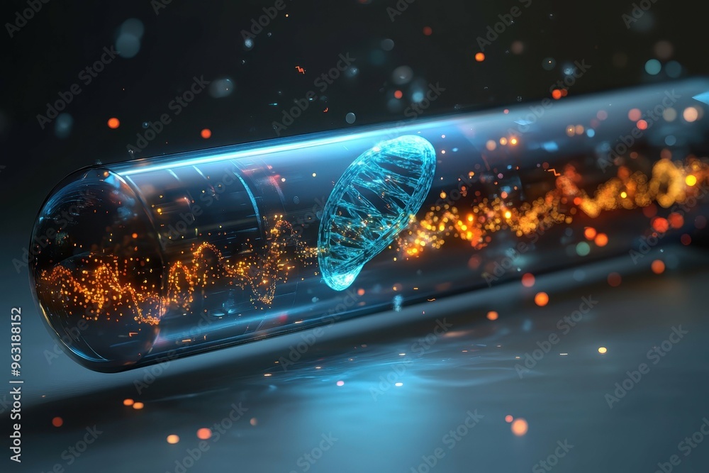 A sleek futuristic device showing an animated DNA strand spinning ...