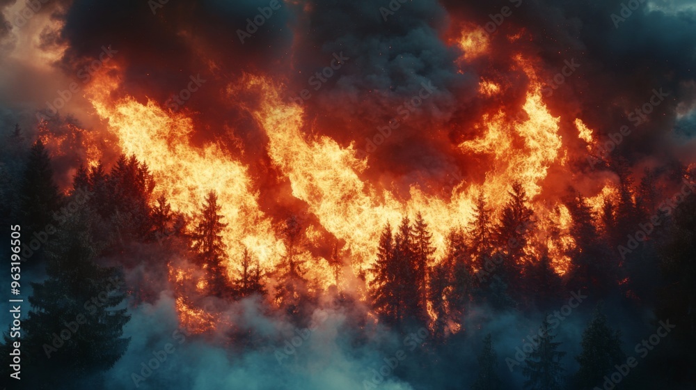 High-resolution close-up of a fire engulfing a forest, with thick smoke ...
