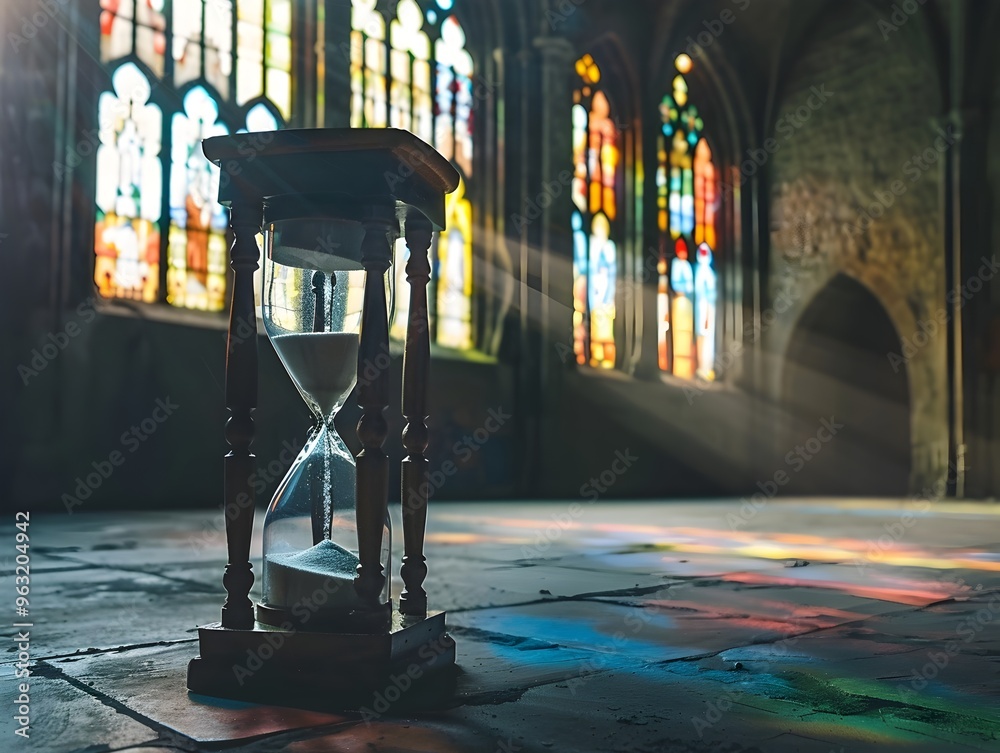 Hourglass in Gothic Cathedral with Shadowy Sand and Stained Glass ...