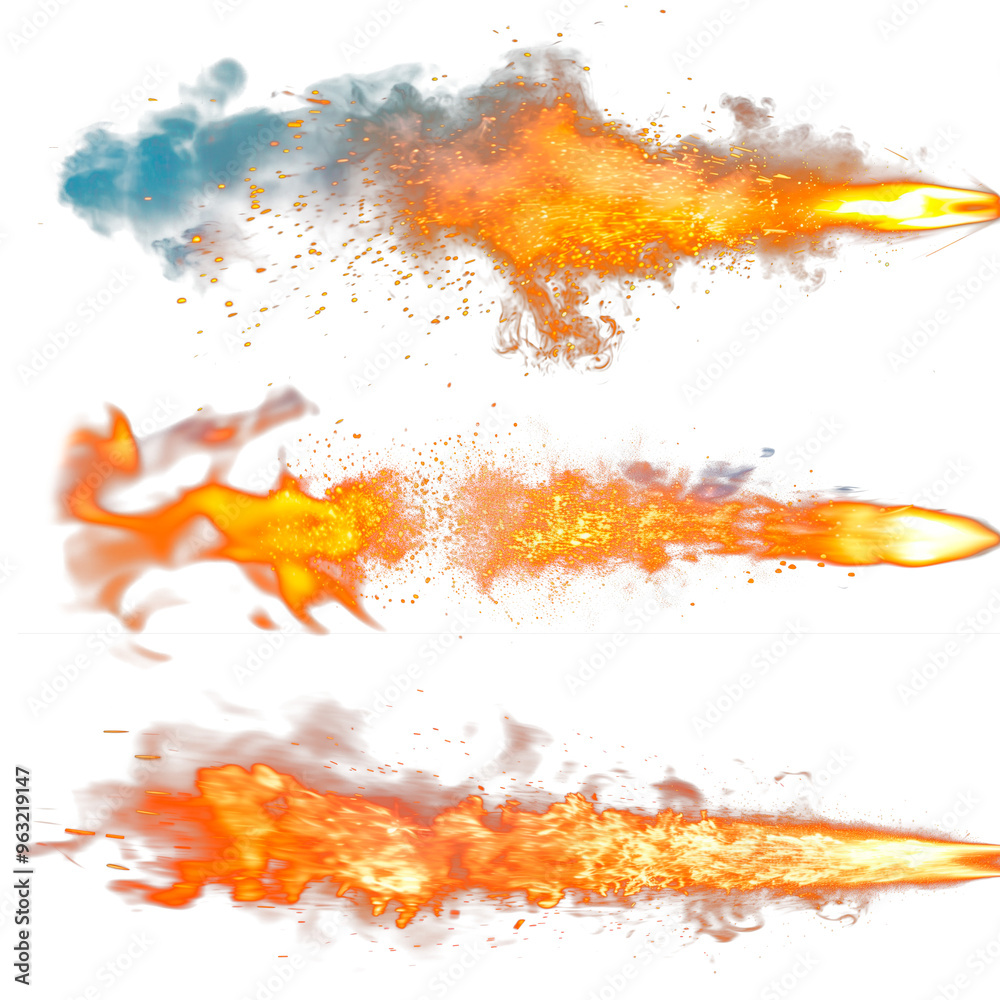 Set of a muzzle flash, side view, isolated on a white or transparent ...