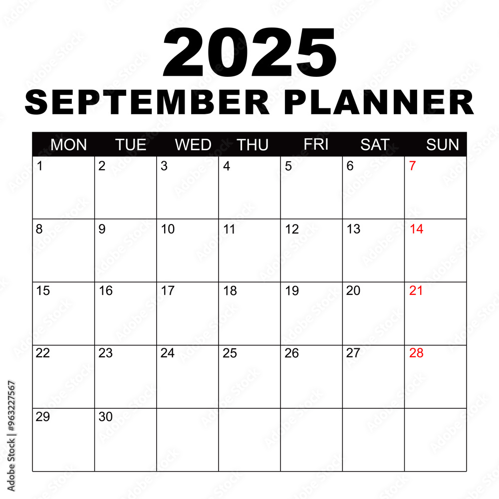 September 2025 Calendar. Week starts on Monday. Blank Calendar Template ...