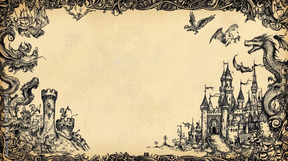 Medieval Fantasy Inspired Doodle Border with Castles and Mythical ...