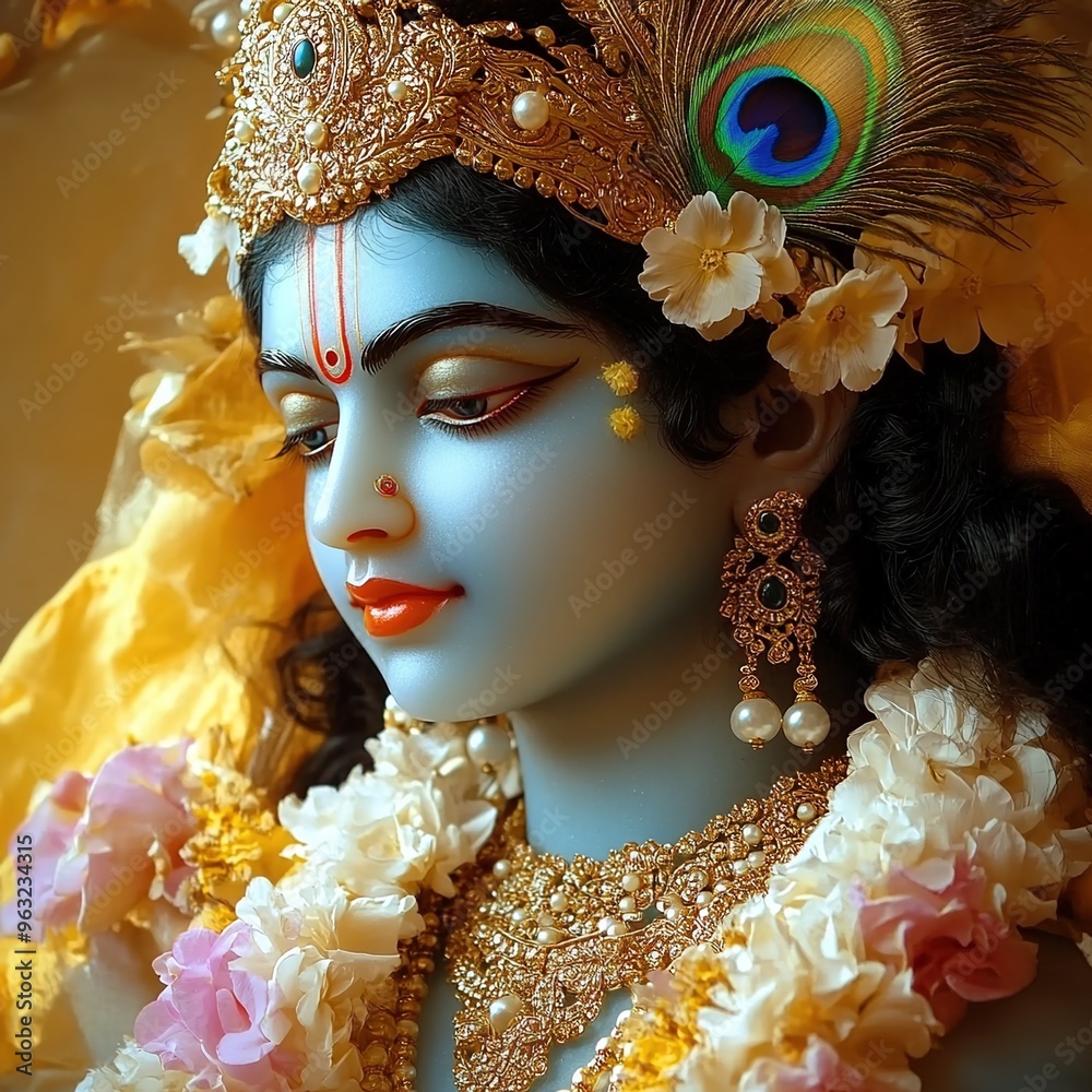 Lord Krishna wallpaper with a gold background and flowers Stock ...