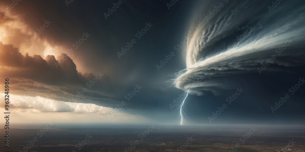 Incipient tornado evolving into a massive hurricane above the earth in ...