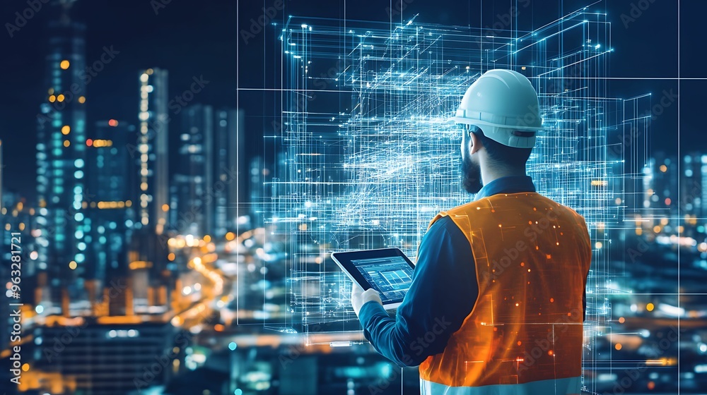 An engineer in a hard hat and safety vest visualizing a digital city ...