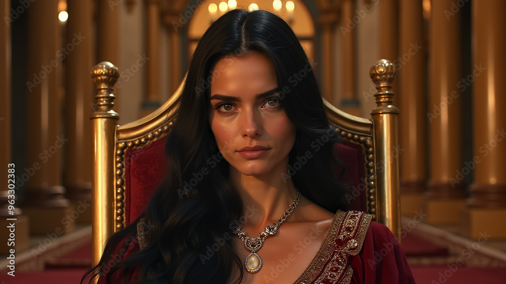 In a grand, opulent palace, a regal queen with long, flowing raven hair ...