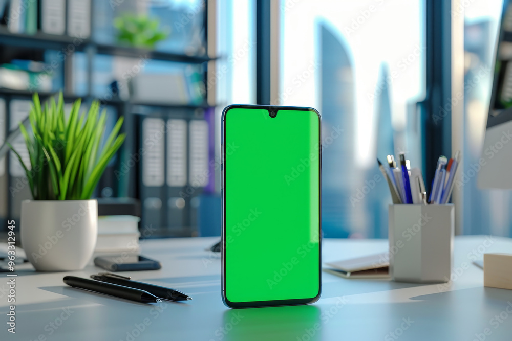 Smartphone with green screen standing on a modern office desk ...