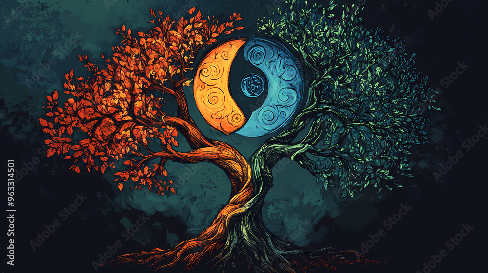 Ying yang concept of balance yggdrasil tree of life norse mythology ...