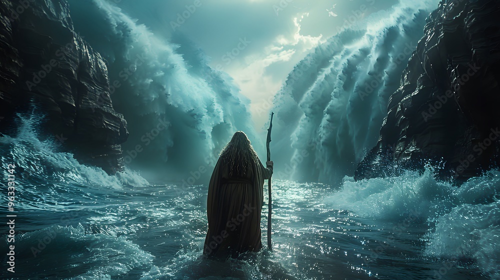 Create a powerful image of Moses raising his staff to part the Red Sea ...