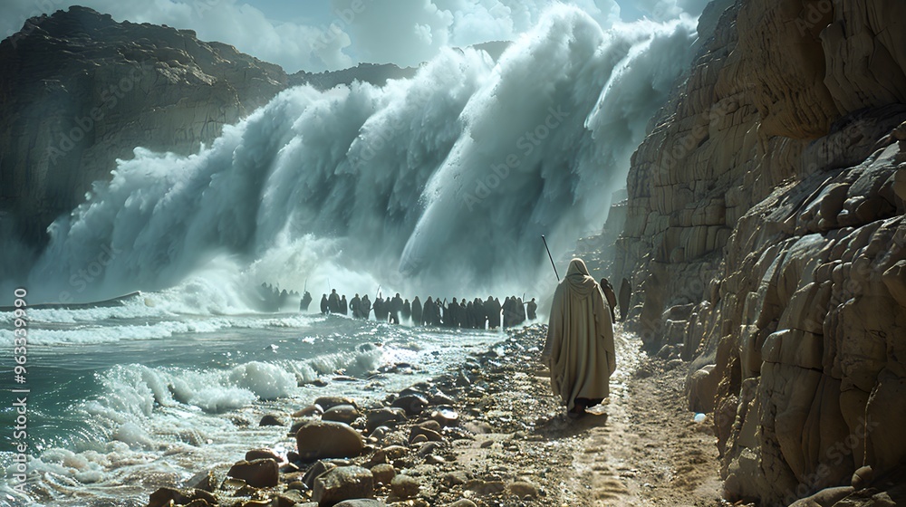 Show the awe-inspiring scene of Moses parting the Red Sea, with massive ...
