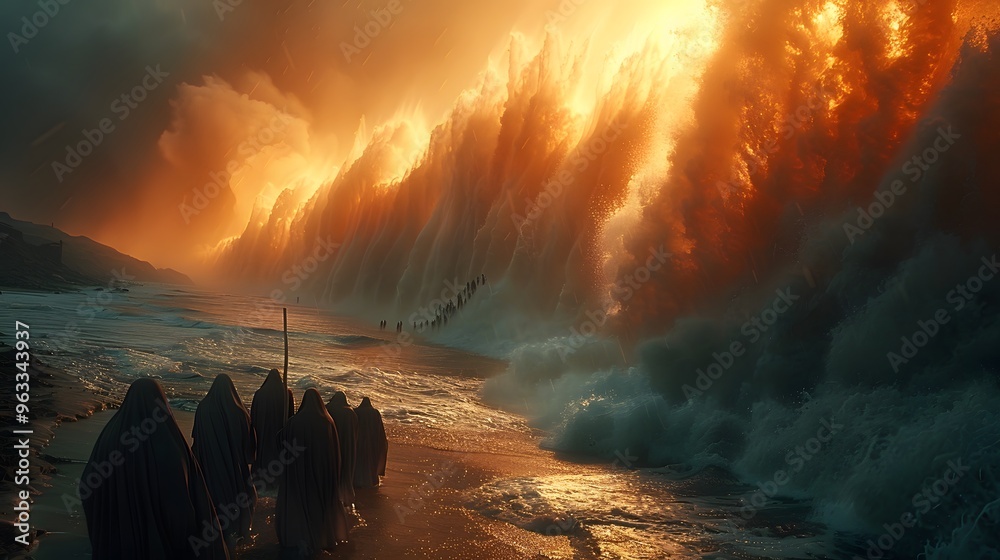 Visualize the powerful scene where Moses raises his staff, causing the ...