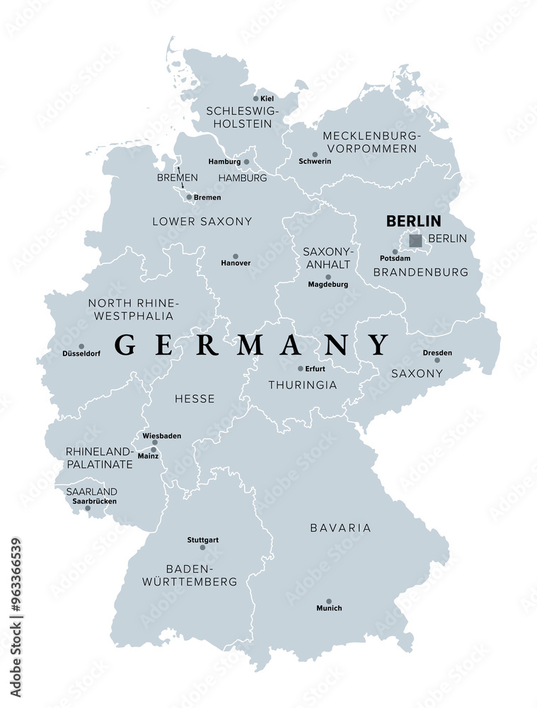 Germany, 16 constituent states with borders and capitals, gray ...