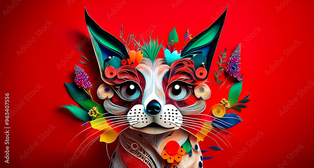 Gatto animale con occhi grandi composto da elementi naturali foglie ...